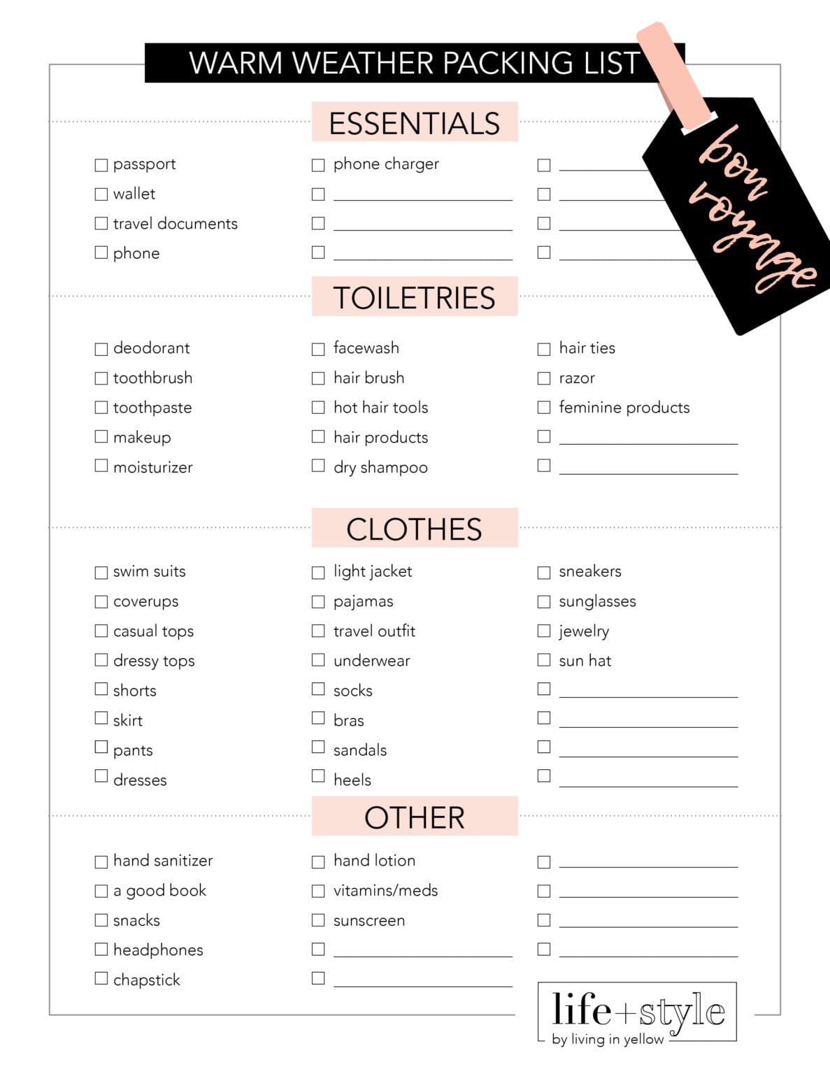 Warm & Cold Weather Packing Lists - Living in Yellow