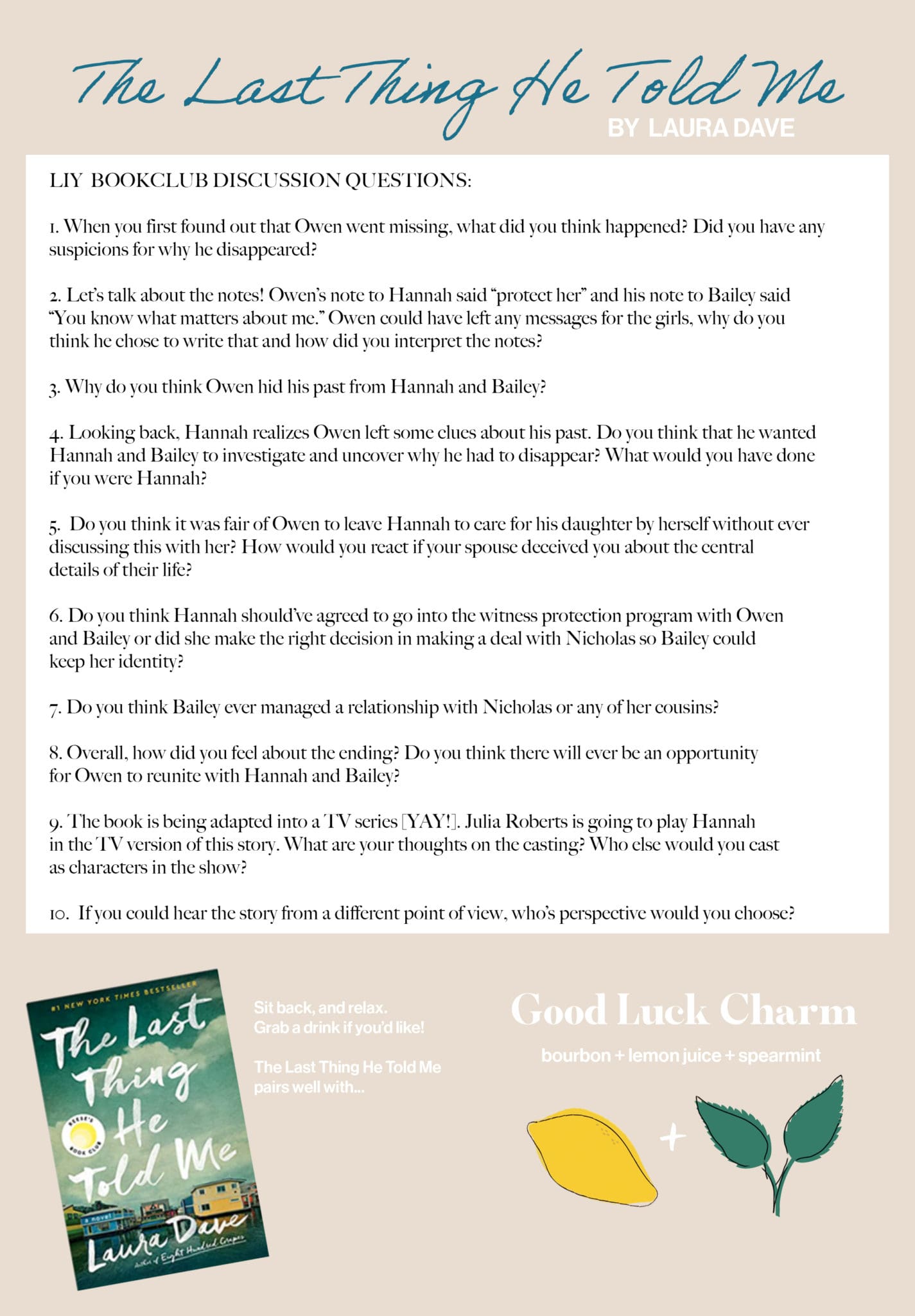 The Last Thing He Told Me: Book Club Discussion Questions - Living in ...