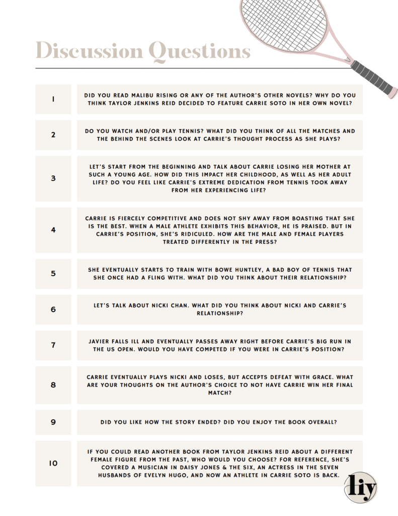 Carrie Soto is Back Book Club Discussion Questions - Living in Yellow